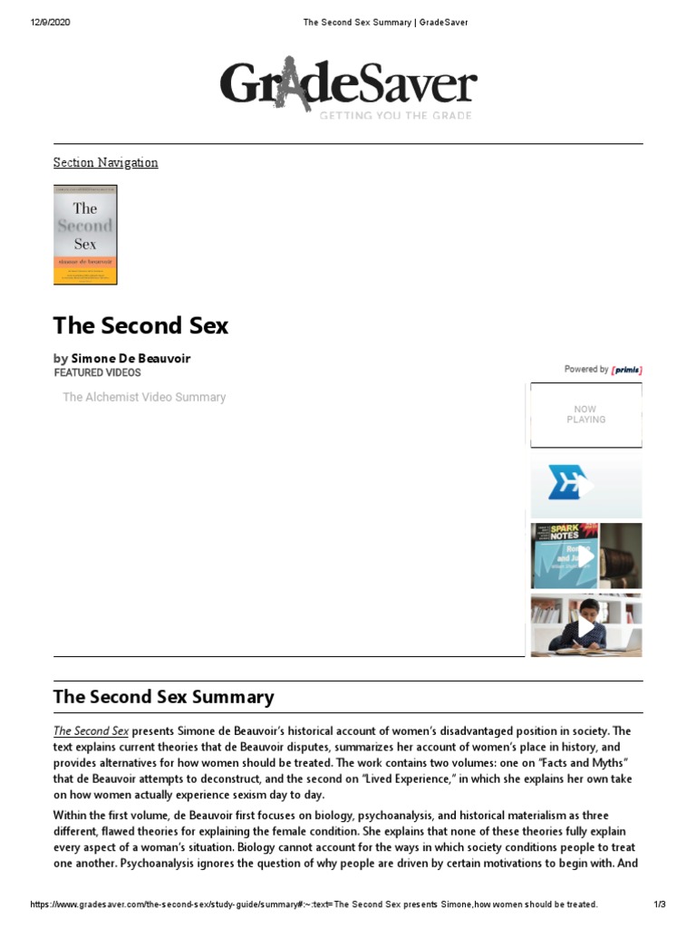 The Second Sex Summary Gradesaver Pdf Simone De Beauvoir Philosophy