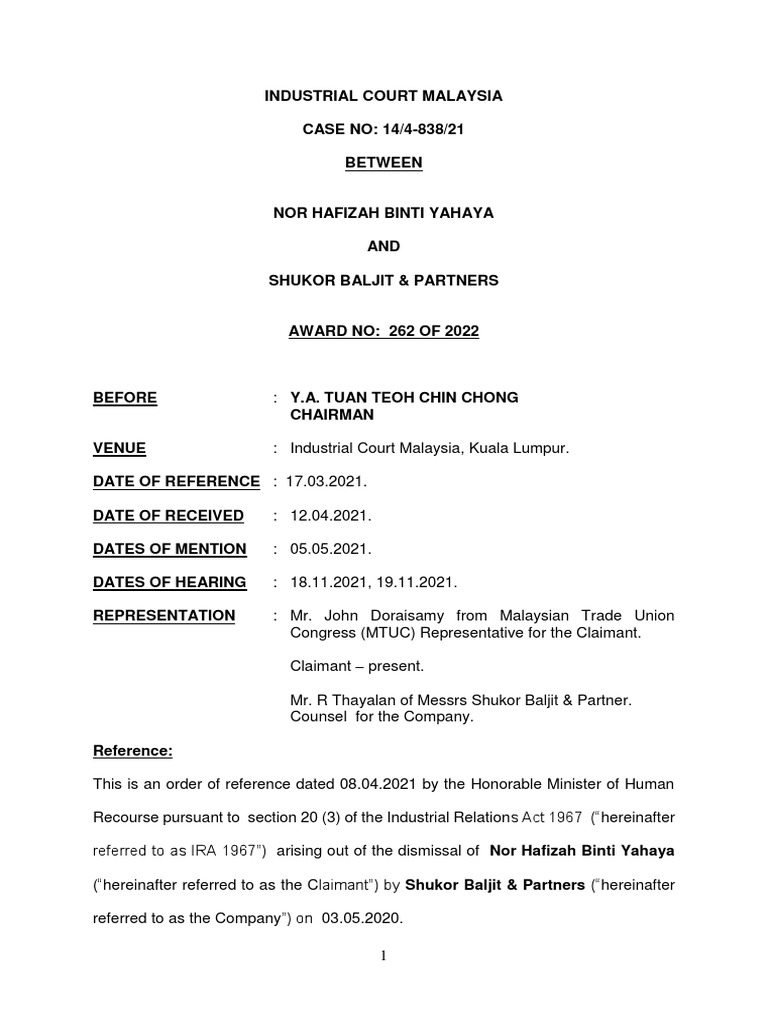 Award of the Industrial Court of Malaysia in the case of Nor Hafizah ...