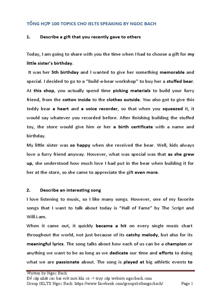 Tong Hop 100 Topics Cho Ielts Speaking by Ngocbach 2 | PDF ...