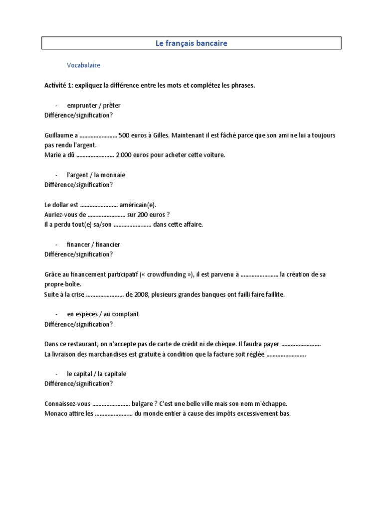 Vocabulaire du français bancaire | PDF | Banques | Virement bancaire