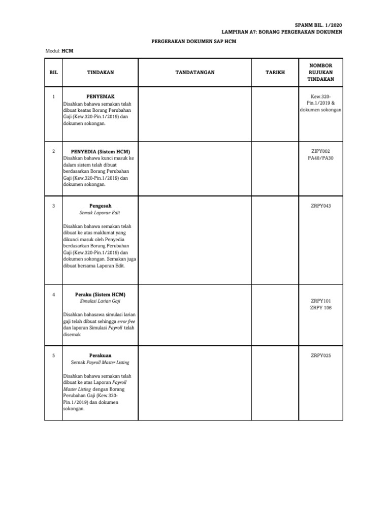 Lampiran A7 Borang Pergerakan Dokumen SPA HCM | PDF
