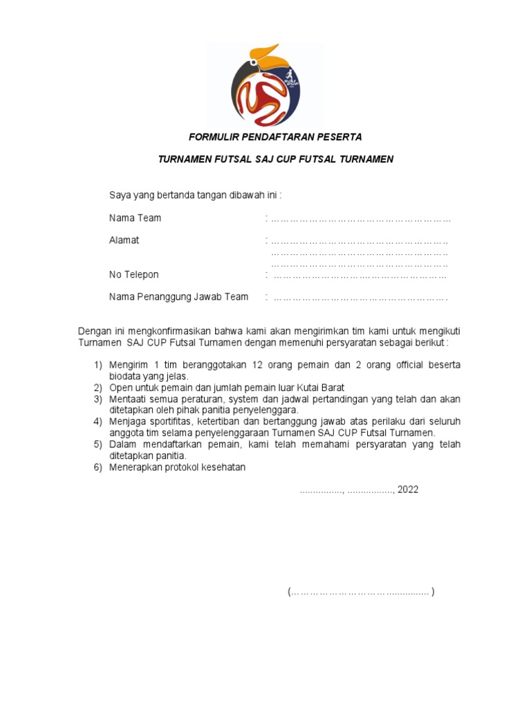 Formulir Pendaftaran SAJ CUP Futsal Turnamen | PDF