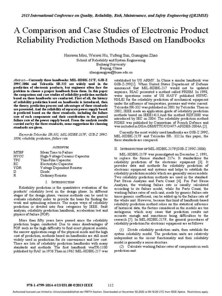 A Comparison and Case Studies of Electronic Product Reliability Prediction Methods Based On ...