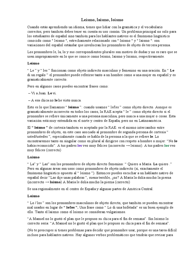 Guía de Leísmo, Laísmo y Loísmo | PDF