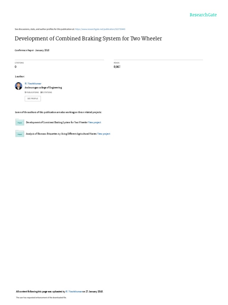 Development of Combined Braking System For Two Wheeler | PDF | Brake ...