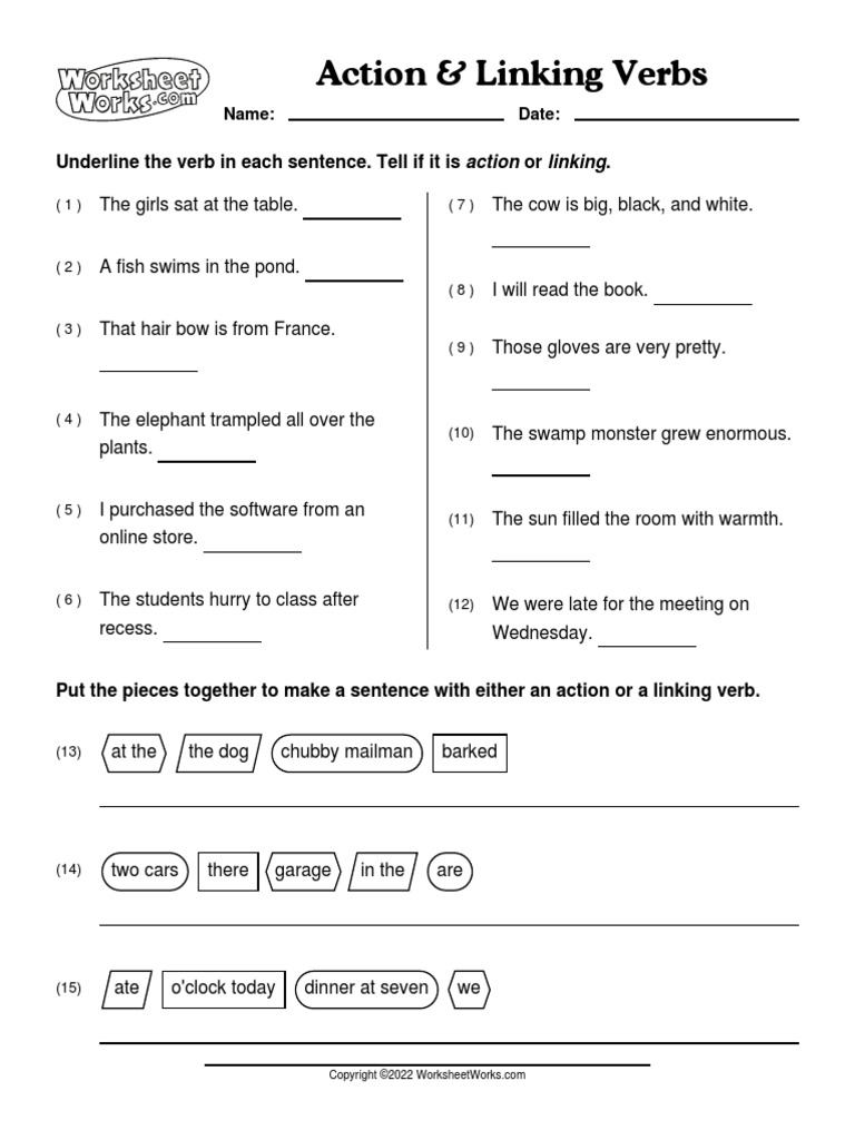 WorksheetWorks Action Linking Verbs 1 | PDF