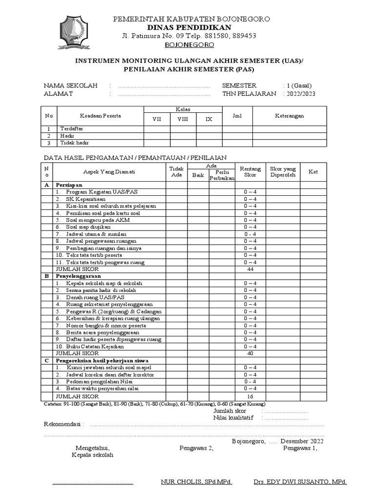 Instrumen - PAS - SMP Semester 1 - 2022 | PDF