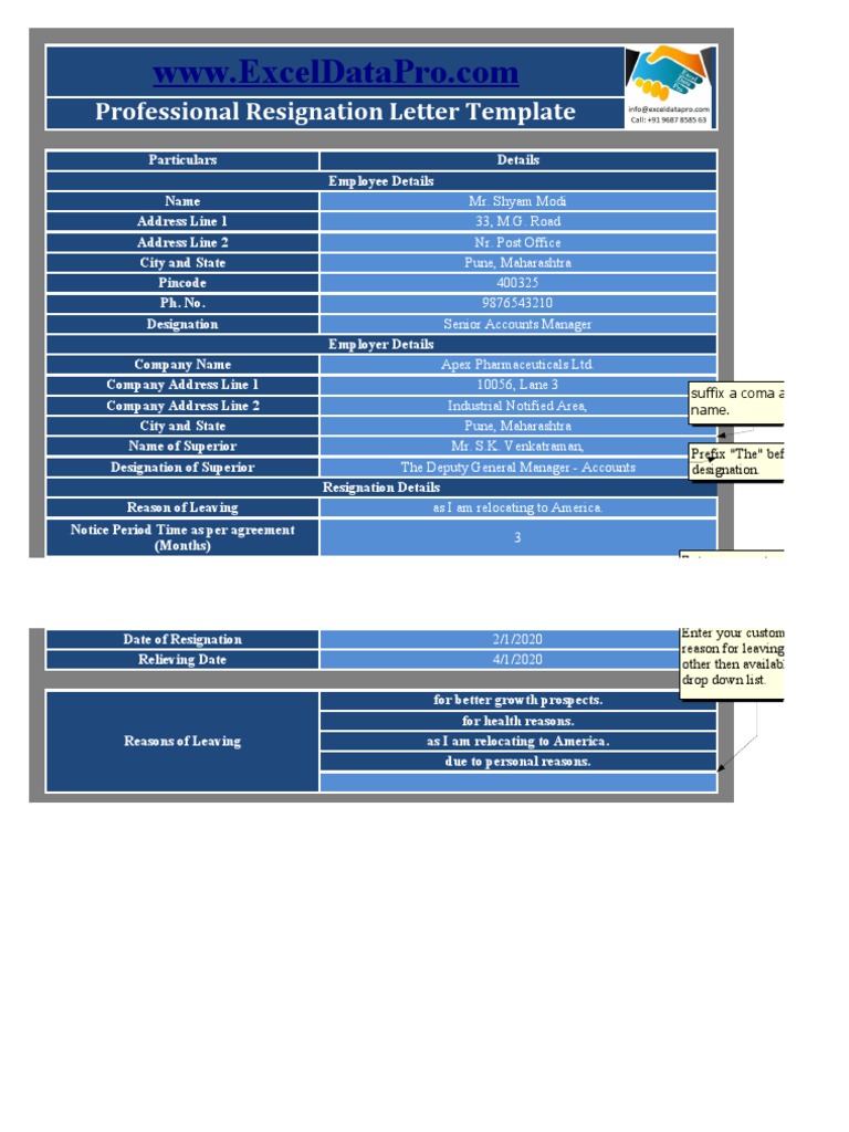 Professional Resignation Letter Excel Template | PDF