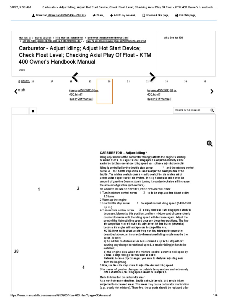 Carburetor - Adjust Idling Adjust Hot Start Device Check Float Level Checking Axial Play of ...