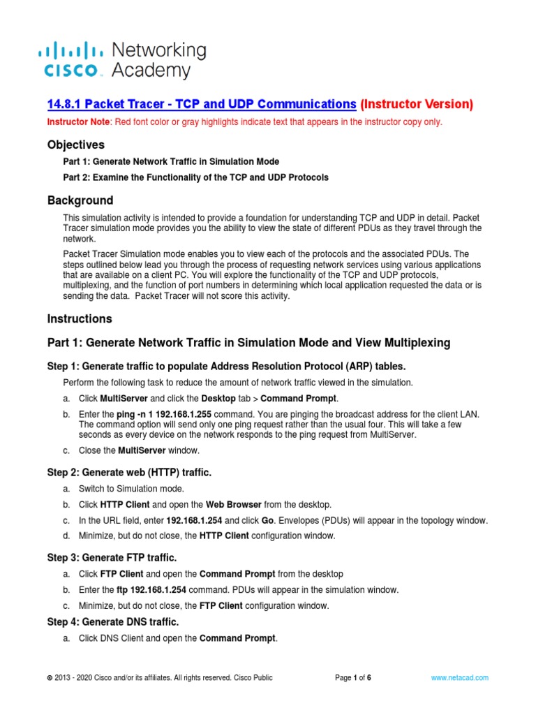 14 8 1 Packet Tracer Tcp And Udp Communications Pdf Transmission Control Protocol Port