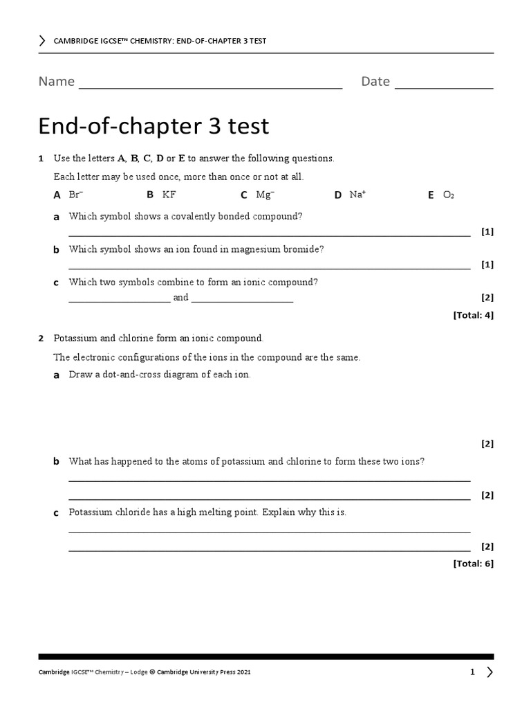 Igcse Chemistry 5ed TR End of Chapter Test 3 | PDF | Chemical Compounds ...