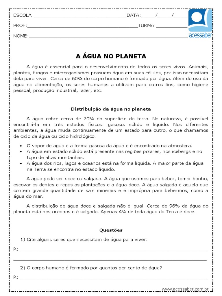 Atividade de Ciencias A Agua No Planeta 5 Ano | PDF | Água | Água do mar