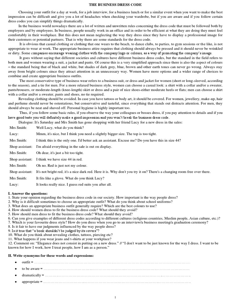 Worksheet 2 - The Business Dress Code | PDF | Clothing | Softlines (Retail)