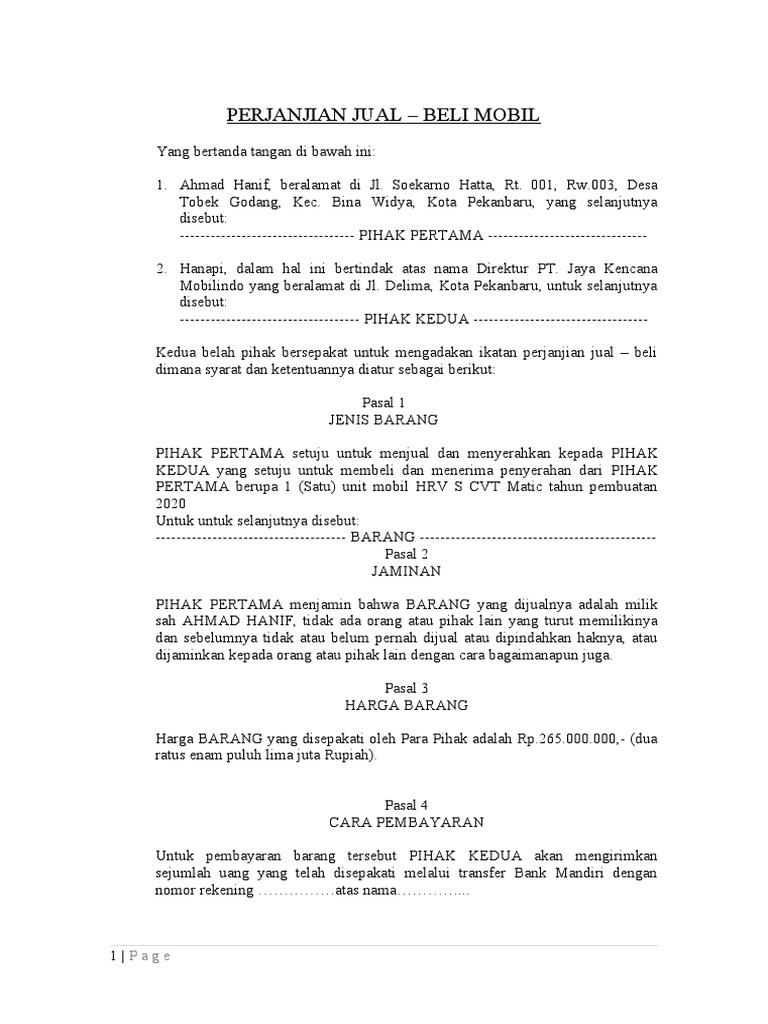Perjanjian Jual Beli Mobil | PDF