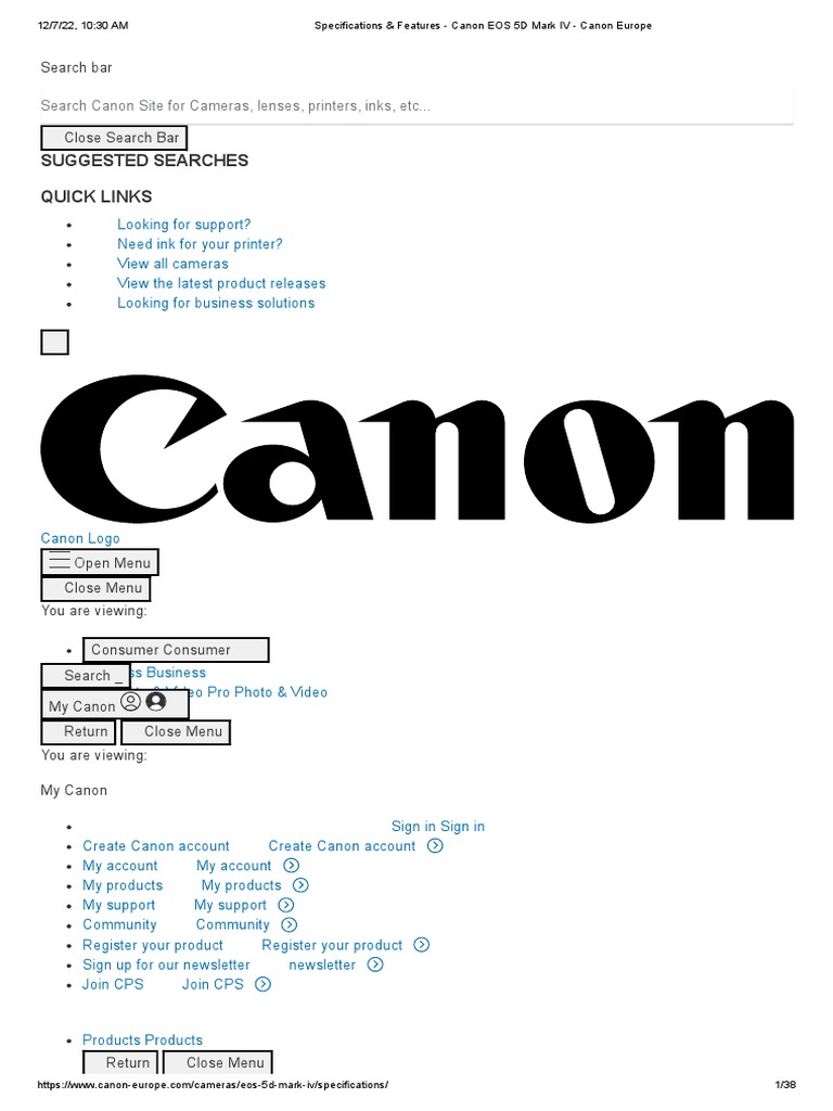 Specifications & Features - Canon EOS 5D Mark IV - Canon Europe | PDF