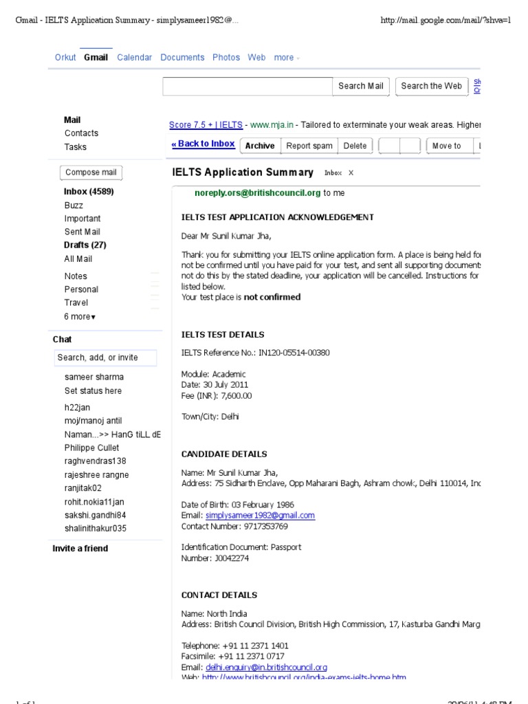 IELTS Test Application Acknowledgement | PDF