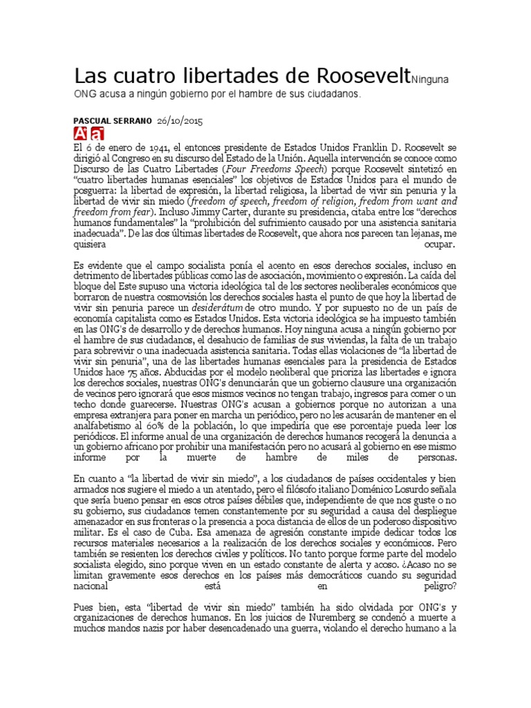 Cuatro Libertades de Roosevelt | PDF | Franklin D. Roosevelt | Tolerancia