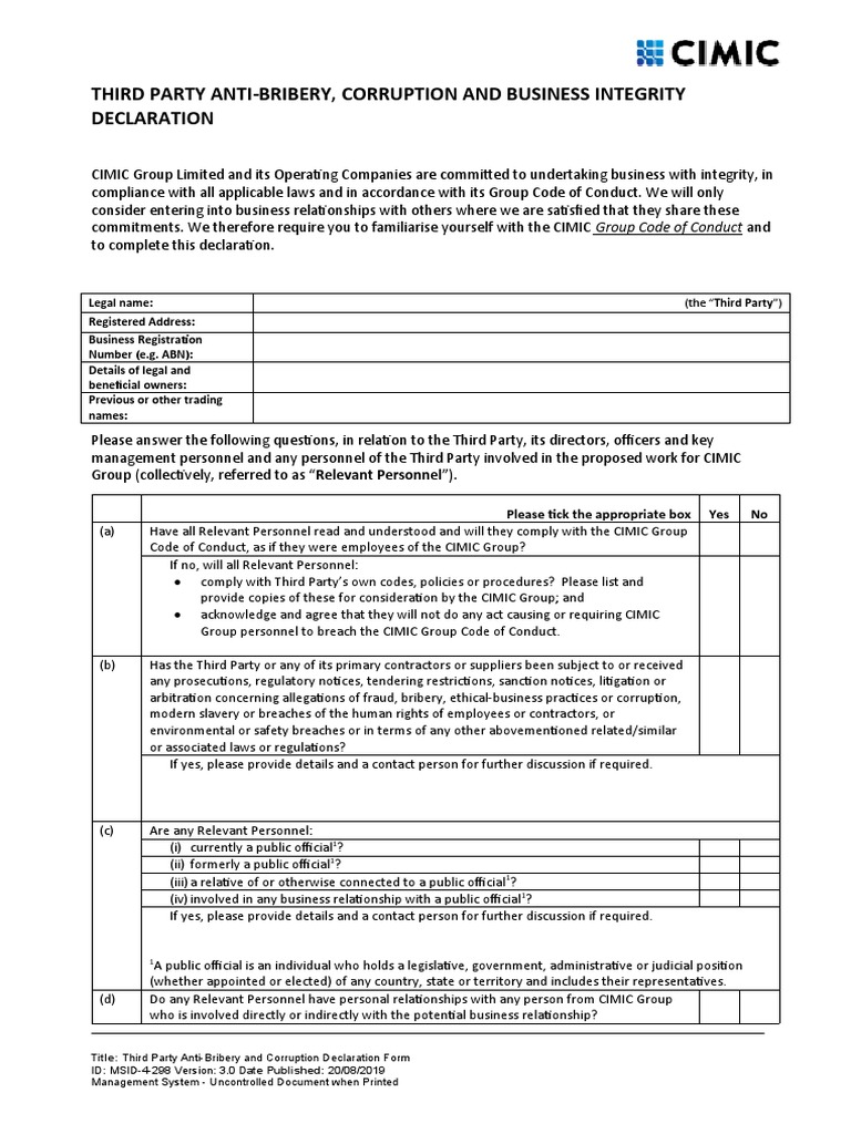 Third Party Anti-Bribery Declaration Form | PDF | Corruption ...