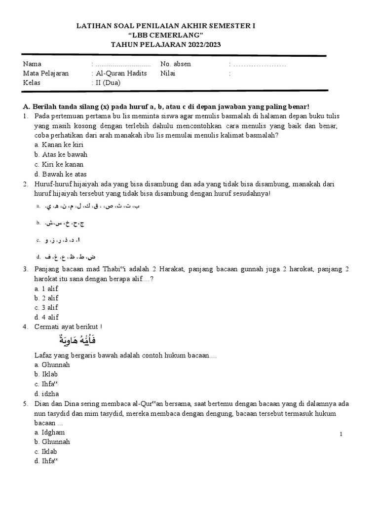 Judul Latihan Soal Penilaian Akhir Semester I Mata Pelajaran Al Quran