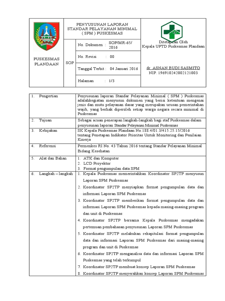 MR-65 Sop Penyusunan Laporan Standar Pelayanan Minimal (SPM) | PDF