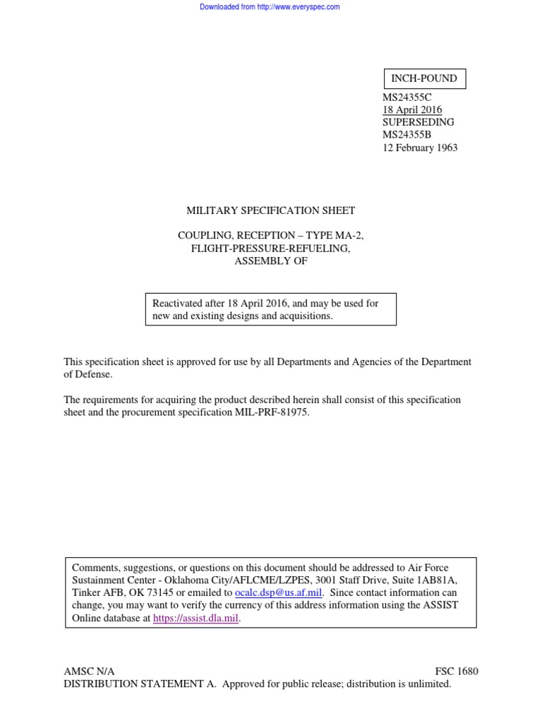 Military Specification Sheet for MA-2 Flight Refueling Coupling | PDF ...