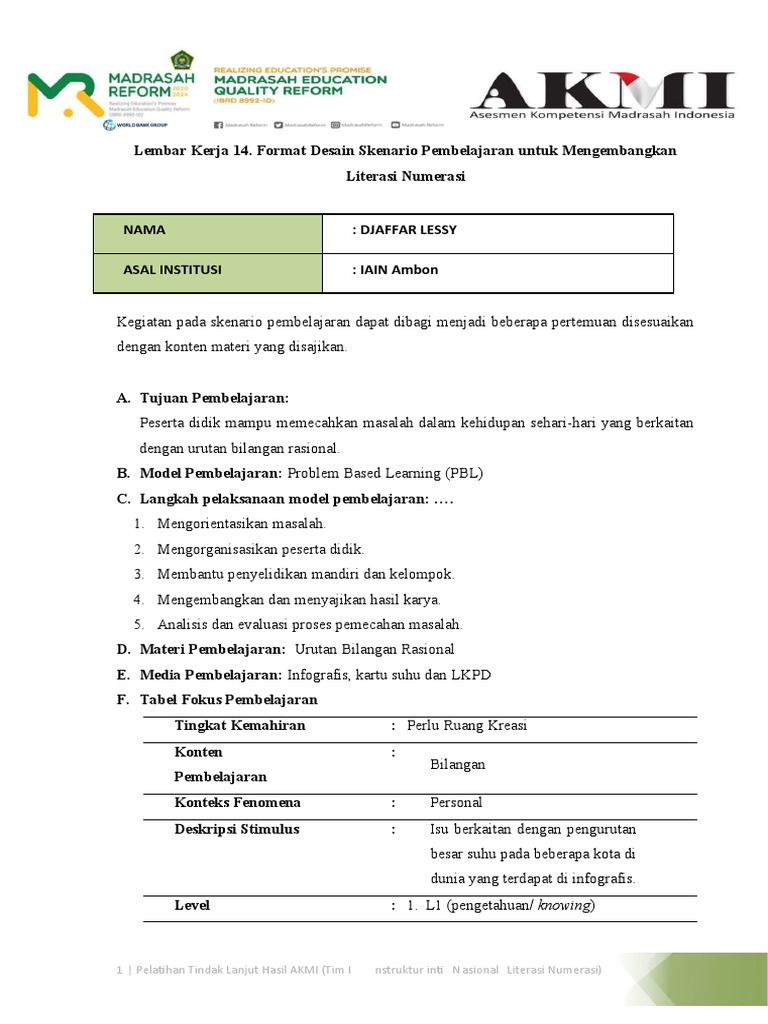 Literasi Numerasi - Hari 4. LK.14. Skenario Pembelajaran Tingkat Kemahiran Perlu Ruang Kreasi | PDF