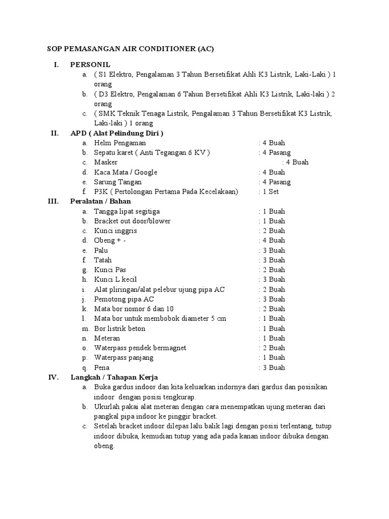 Sop Pemasangan Air Conditioner | PDF