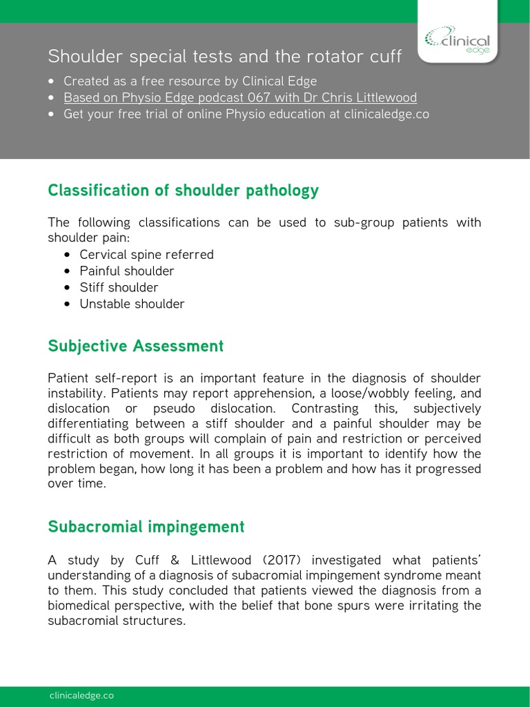 PE067 Handout Shoulder Special Tests and The Rotator Cuff With DR Chris ...