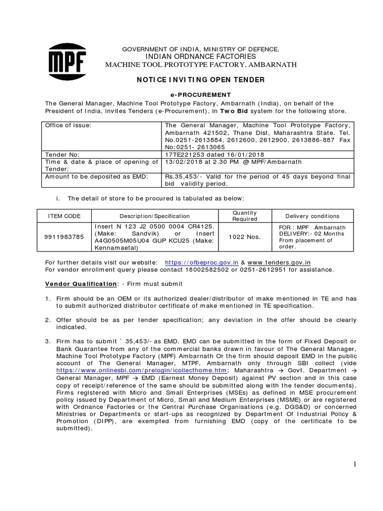 Machine Tool Prototype Factory, Ambarnath: Notice Inviting Open Tender ...