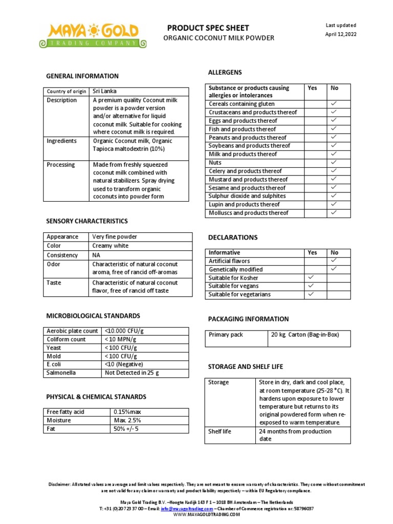 Specsheet Organic Coconut Milk Powder SriLanka April2022v6 | PDF ...
