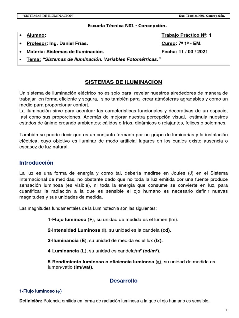 TP1 - Variables Fotometricas. - Sistemas de Iluminacion. | PDF | Encendiendo | Ligero