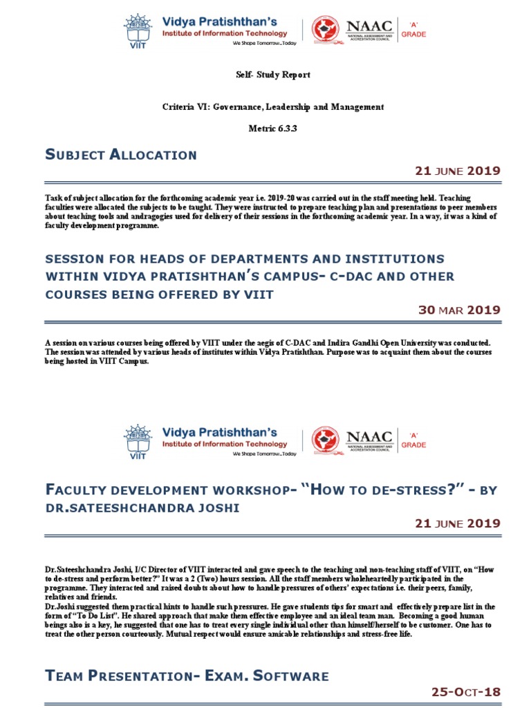 Ubject Llocation: Self-Study Report Criteria VI: Governance, Leadership and Management Metric 6. ...