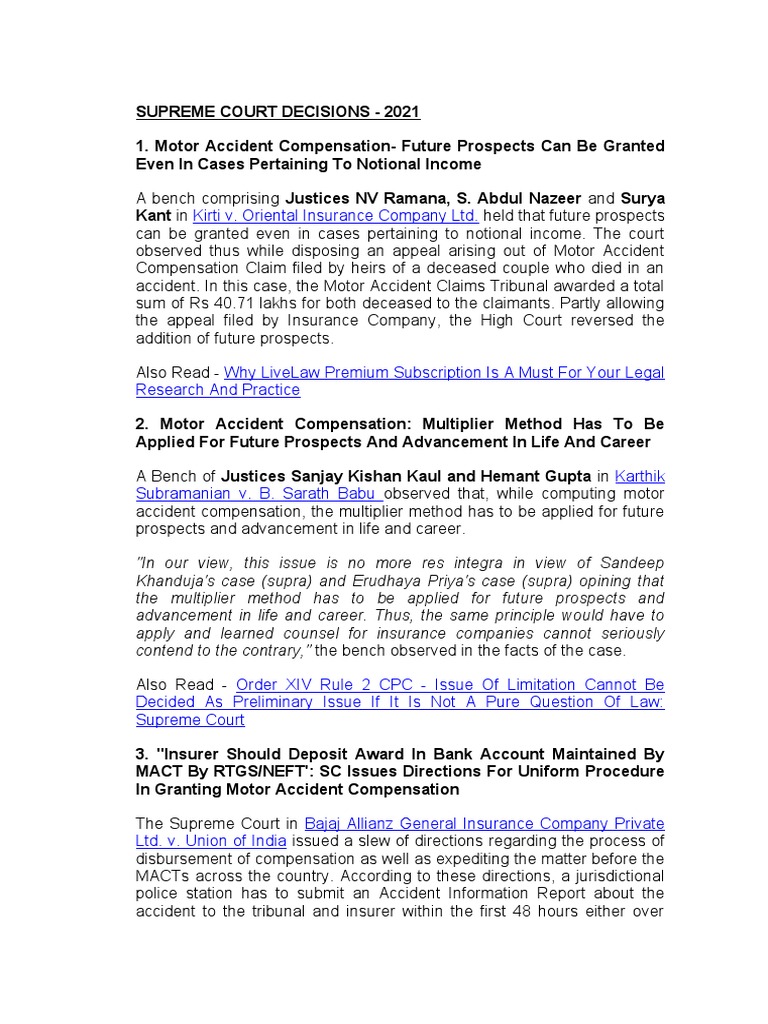 Supreme Court Motor Accident Rulings 2021 | PDF | Insurance | Negligence
