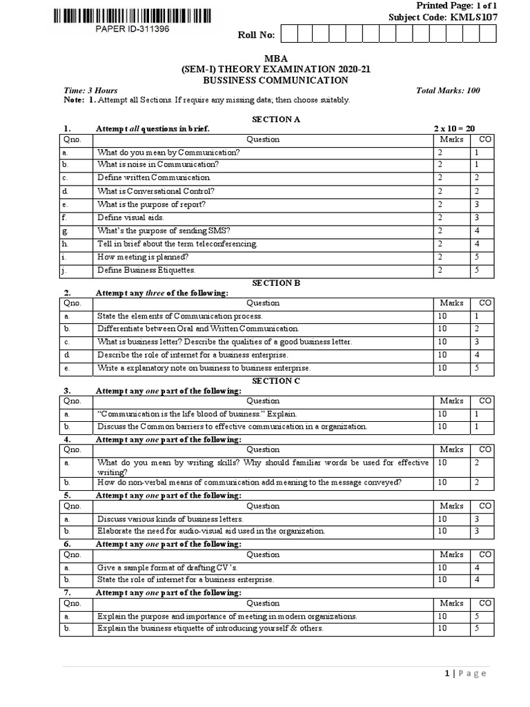 Mba 1 Sem Business Communication Kmls107 2021 | PDF | Communication | Cognition