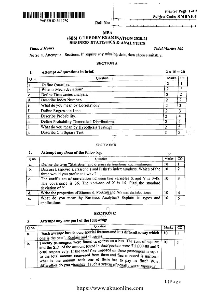 Mba 1 Sem Business Statistics and Analytics Kmbn104 2021 | PDF