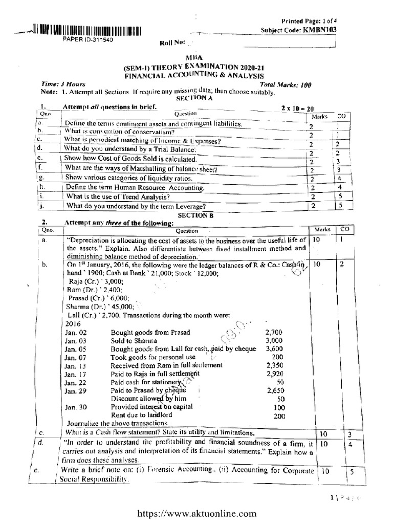 Mba 1 Sem Financial Accounting and Analysis Kmbn103 2021 | PDF