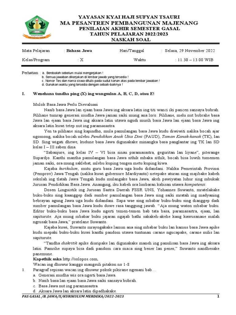 Soal B. Jawa X Pas Gasal 2022 | PDF