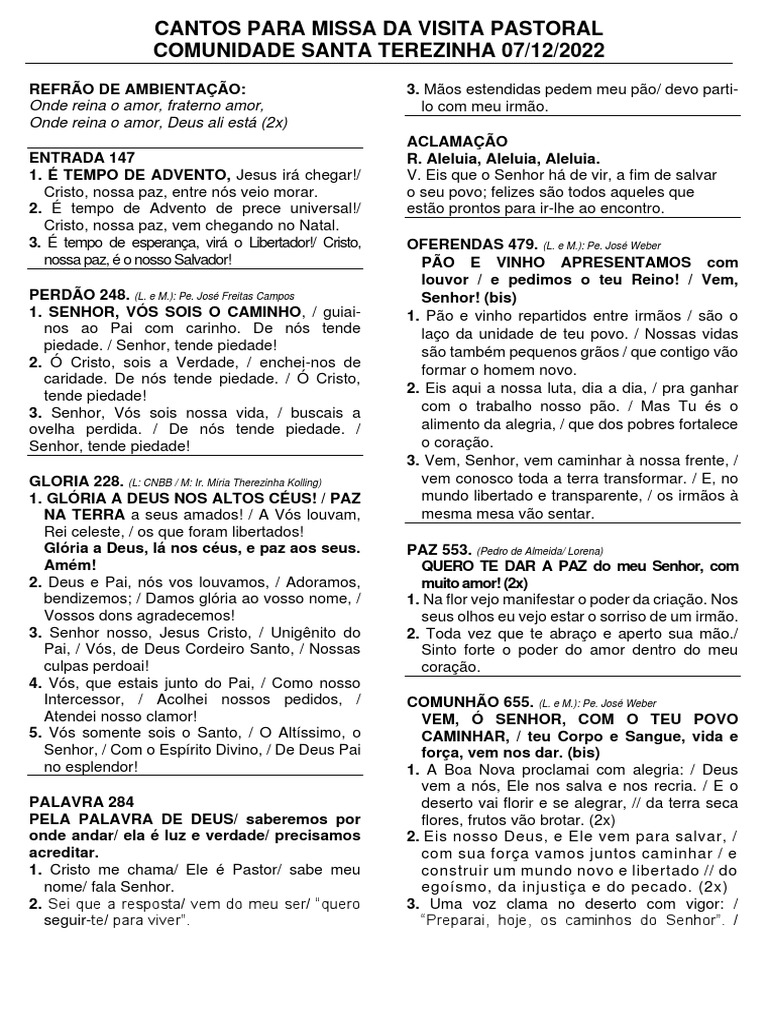 Cantos para Missa Da Visita Pastoral | PDF | Advento | Amor