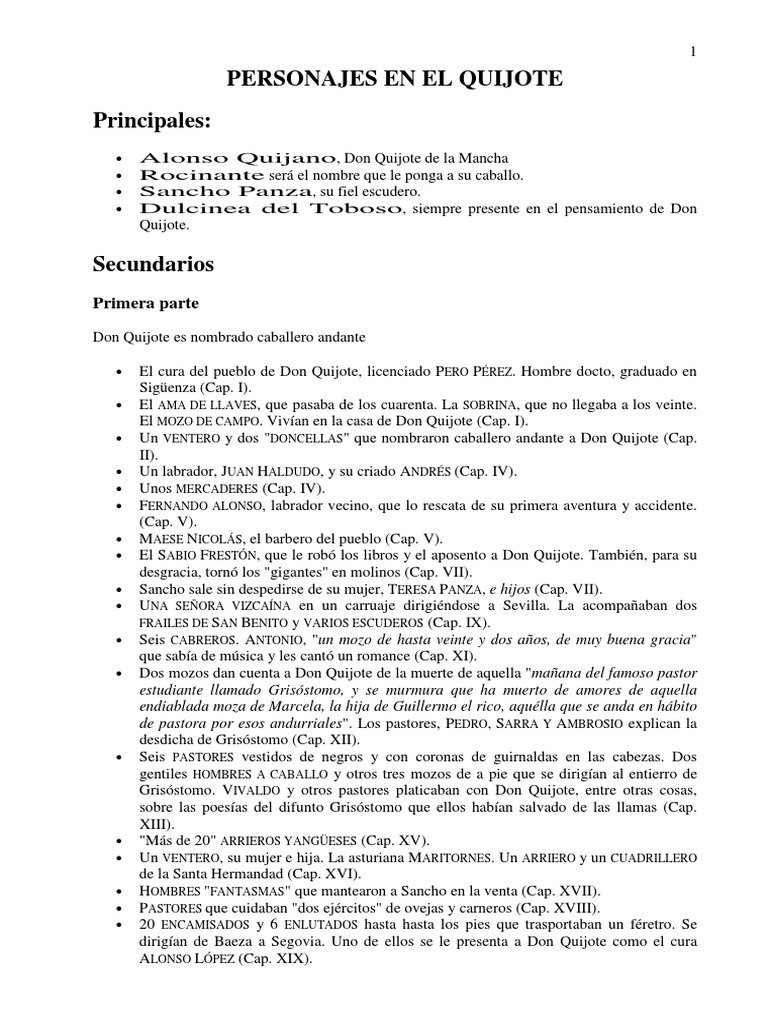 Personajes de Don Quijote de la Mancha | PDF | Don Quijote | Caballero