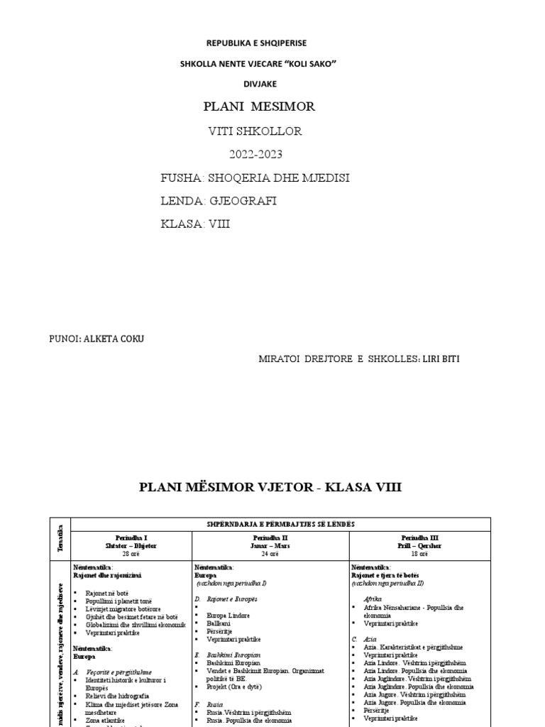 GJEOGRAFIA 8 Plani Mësimor Vjetor 1 | PDF
