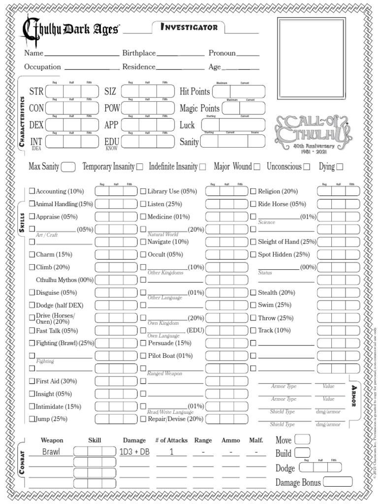 CoC7 PC Sheet - Auto-Fill - Dark Ages - Standard - Greyscale | PDF