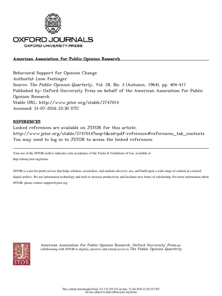 1964 Article, Festinger, Leon - Behavioral Support For Opinion Change | PDF