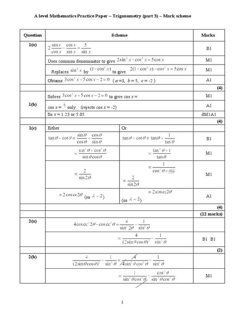 A Level Mathematics - Practice Paper - 53 - Trigonometry (Part 3) MS ...