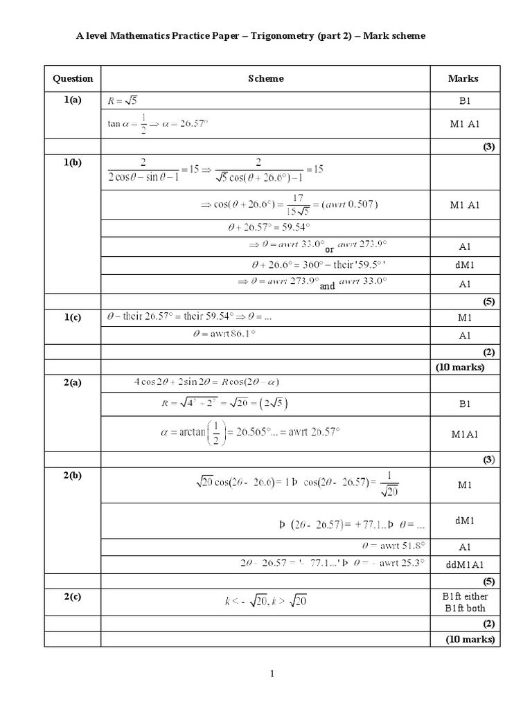 A Level Trigonometry Mark Scheme | PDF | Quadratic Equation | Mathematics