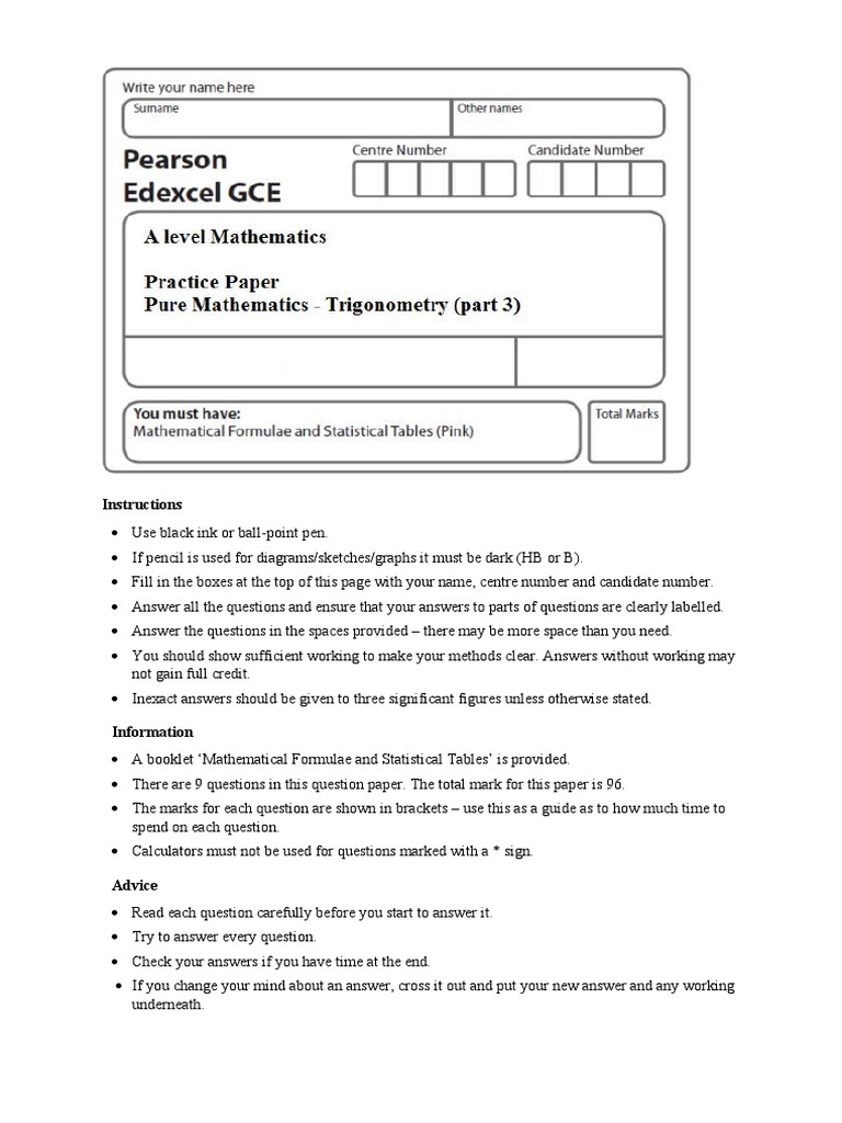 Exam instructions maths formulae calculators | PDF | Trigonometric Functions | Mathematics