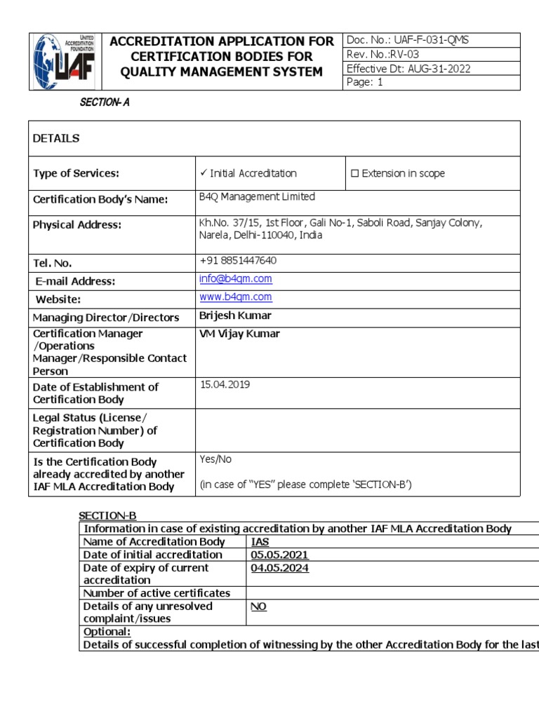 UAF Accreditation Application for QMS | PDF | Audit | Paper