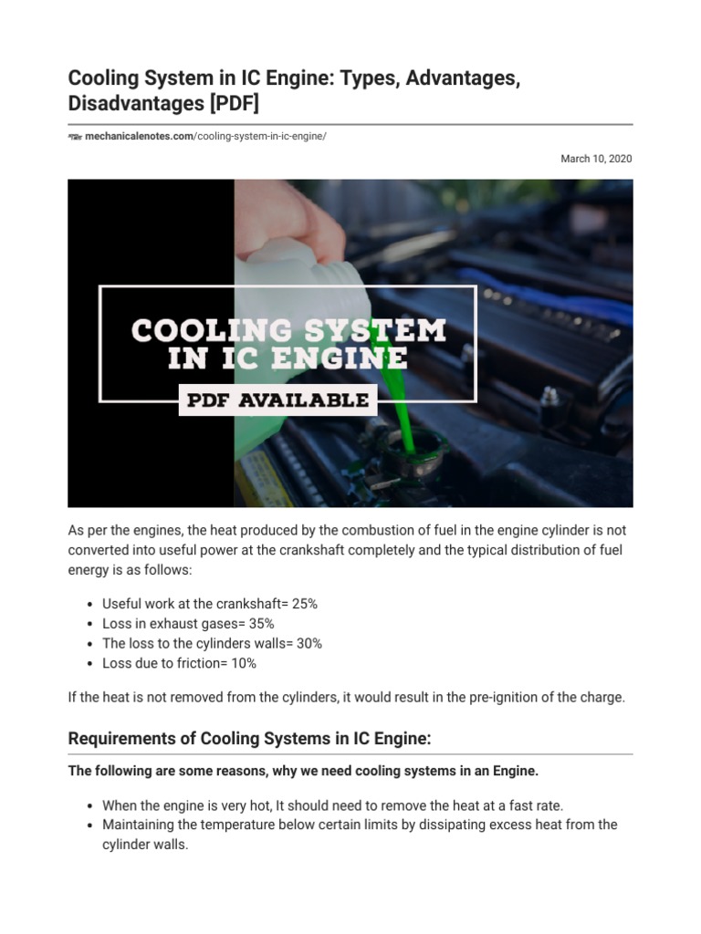 Cooling System in IC Engine - Types, Advantages, Disadvantages (PDF ...