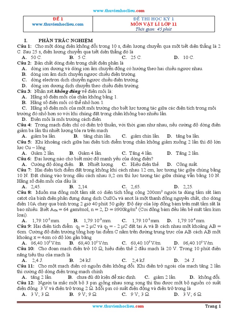 Bo de Thi Vat Li 11 HK1 Co Dap An | PDF