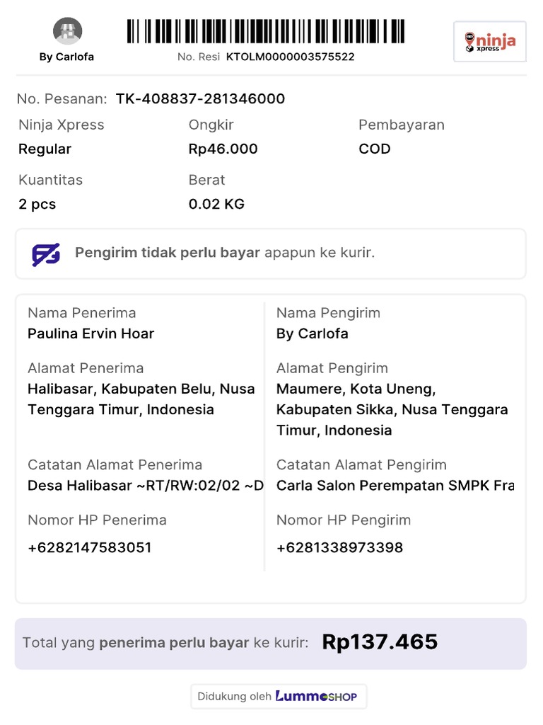 Label Pengiriman TK 408837 281346000 1 | PDF