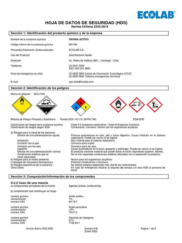 Hoja de Datos de Seguridad: Oxonia Activo | PDF | Agua | Residuos
